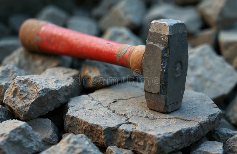 Iron Hammer Breaks Stone Pieces. Sledgehammer on Rocks, Red Handle ...