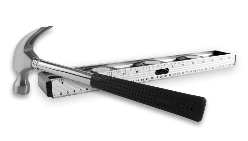 Iron Hammer and Grey Spirit Level Isolated on White Stock Image - Image ...