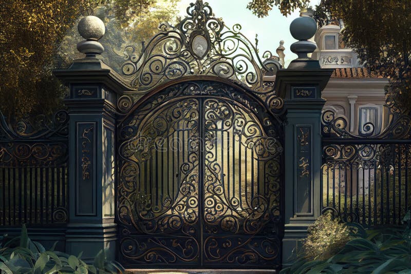 Iron Mansion Gates with Intricate Scrollwork, Surrounded by Lush ...