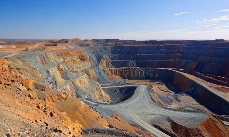 Iron Massive Open Pit Mine with Terraced Layers Under Blue Sky Stock ...