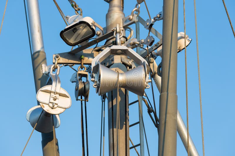 Iron Mast with Rigging of a Fishing Ship Stock Image - Image of pulley ...