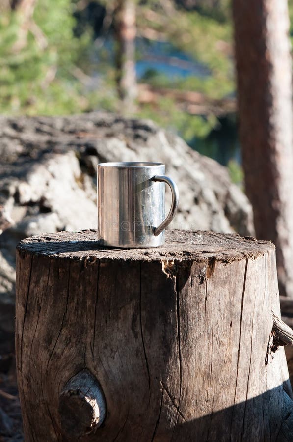 Iron Mug on the Stump. Forest, Camping Stock Image - Image of iron ...