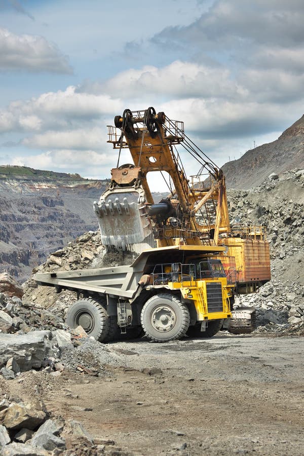 Wheel Loader Excavator at Granite or Iron Ore Opencast Mine Stock Image ...