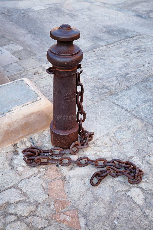 Iron Post with Chain in the Santa Barbara Castle, Albcante, Spain ...