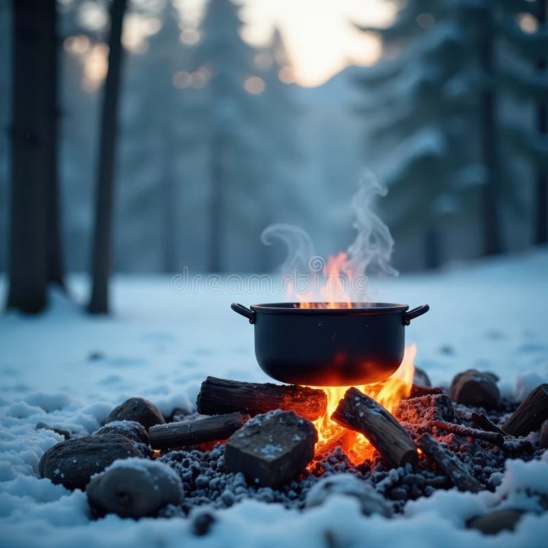 Iron Pot Bubbling on Campfire, Frost Covered Branches Overhead, Hiking ...
