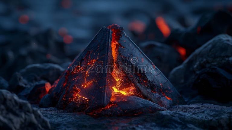 Iron Pyramid with Lava Inside Cracking Against Rocks. Stock ...