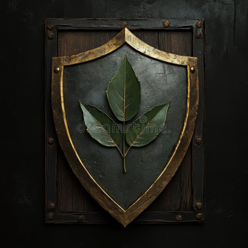 Iron Shield with Laurel Leaf on Dark Background. 3d Illustration Stock ...