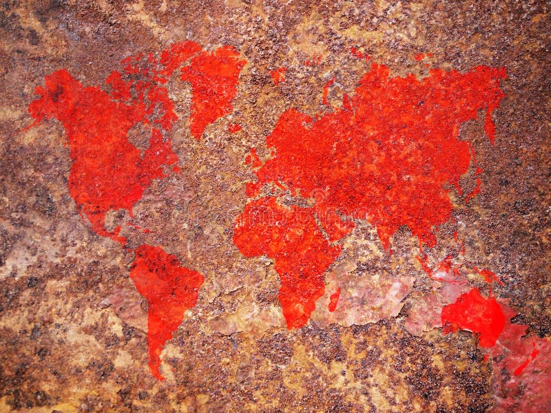 Red Color World Map on Zinc Background Stock Image - Image of rough ...