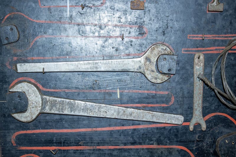 Iron Tools on the Black Board, Set of Tools on Wood Stock Image - Image ...