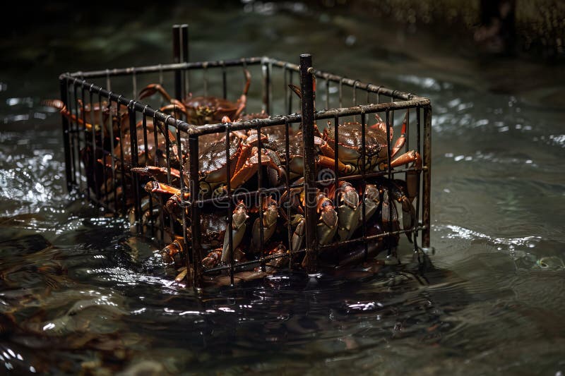 Iron Traps Cage with Red King Crabs in the Water, Catching Crabs from a ...