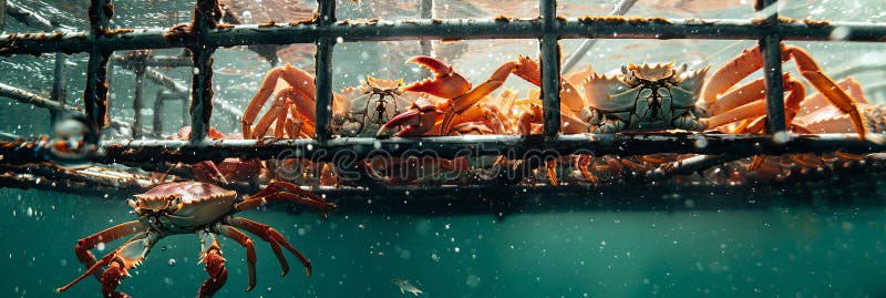 Iron Traps Cage with Red King Crabs in the Water, Catching Crabs from a ...