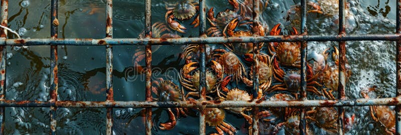Iron Traps with Small Crabs in the Water, Catching Crabs from a Ship ...
