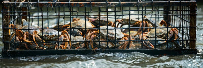 Iron Traps with Small Crabs in the Water, Catching Crabs from a Ship, Banner Stock Photo - Image ...