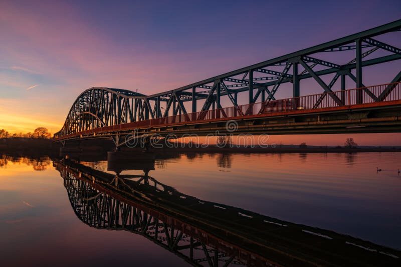 Iron Truss Bridge at Sunset Editorial Stock Image - Image of gryfino ...