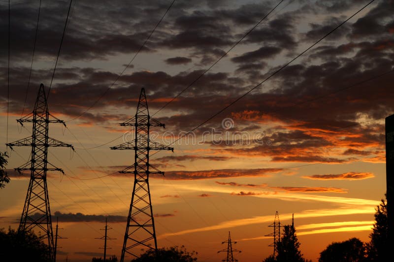 Iron Web of Wires on a Background of a Technogenic Sunset. Stock Photo ...