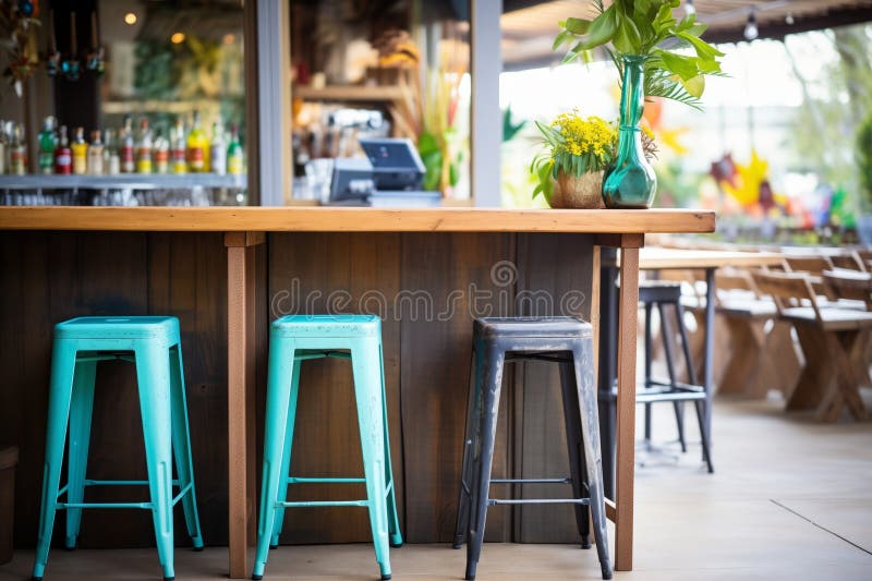 Iron and Wood Bar Stools at a Rustic Outdoor Counter Stock Photo ...