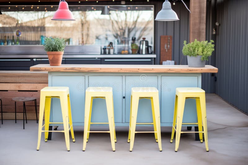 Iron and Wood Bar Stools at a Rustic Outdoor Counter Stock Photo ...