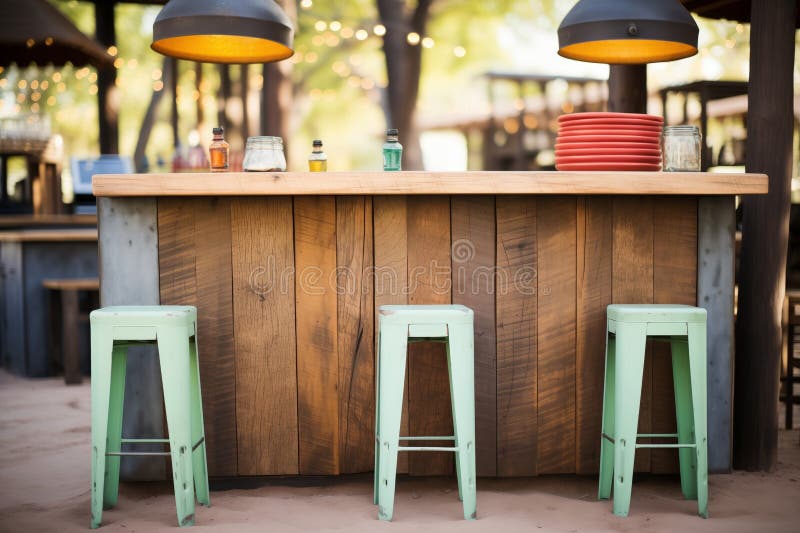 Iron and Wood Bar Stools at a Rustic Outdoor Counter Stock Photo ...