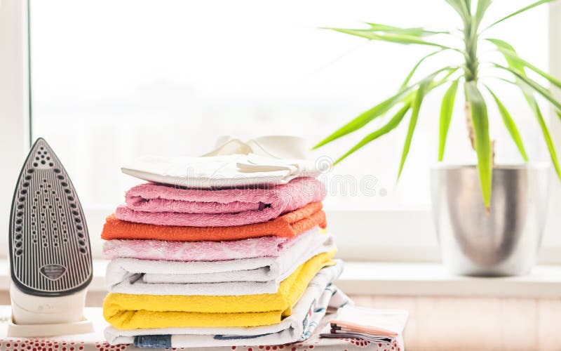 Ironed Items and Iron on Ironing Board Stock Photo - Image of indoor ...