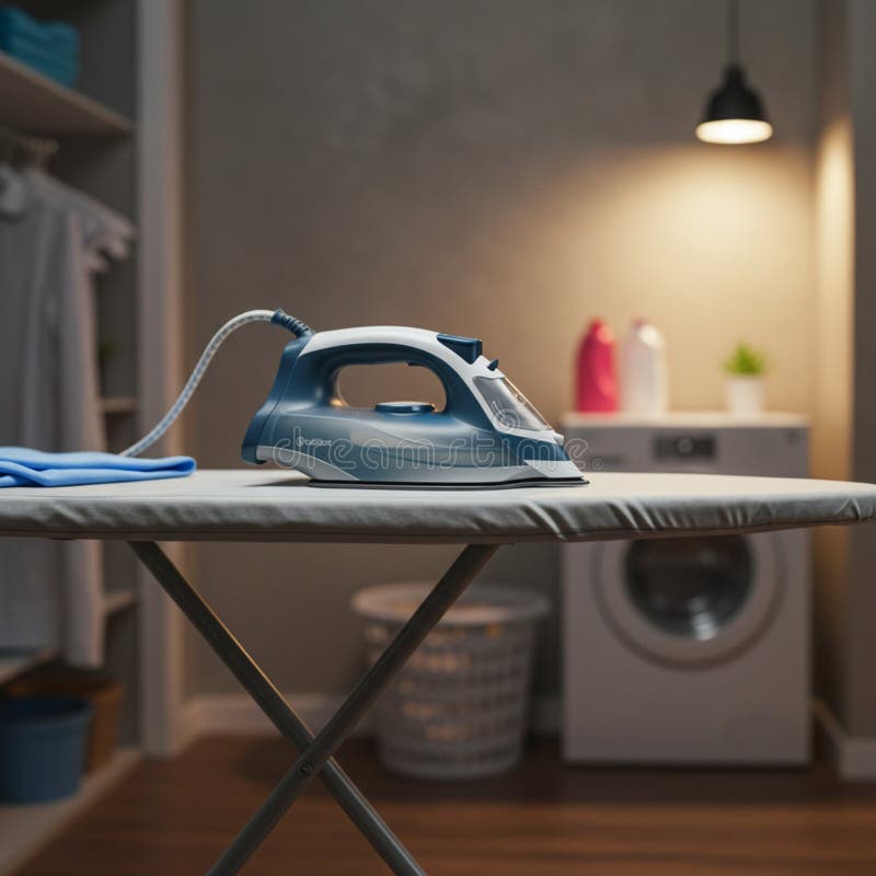 Ironing Setup in a Laundry Room Features a Blue and White Steam Iron on ...