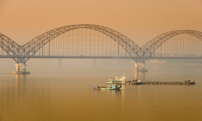 Irrawaddy Bridge in Sagaing, Myanmar Stock Photo - Image of boat ...