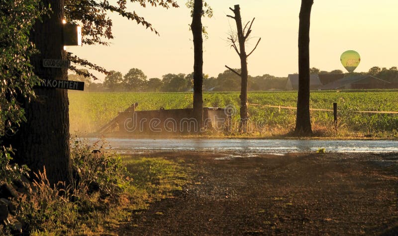Irrigation Farm Fields Sunset Hot Air Balloon Water Trees Stock Image ...