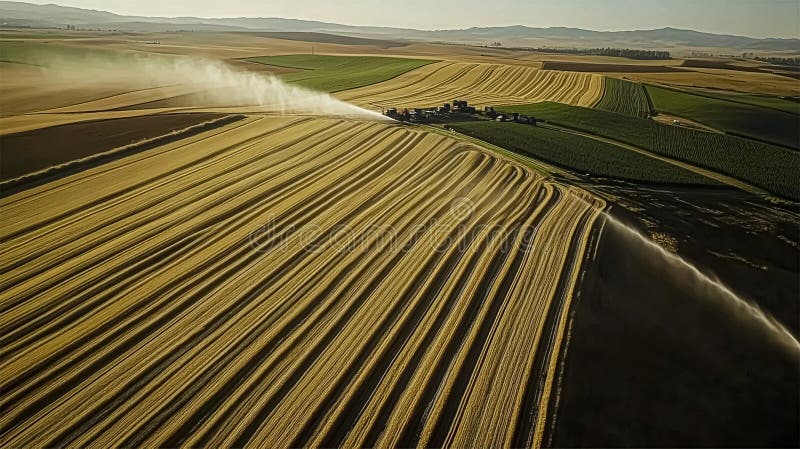 Irrigation of Fields with Tractor Equipment. View from Above Stock ...
