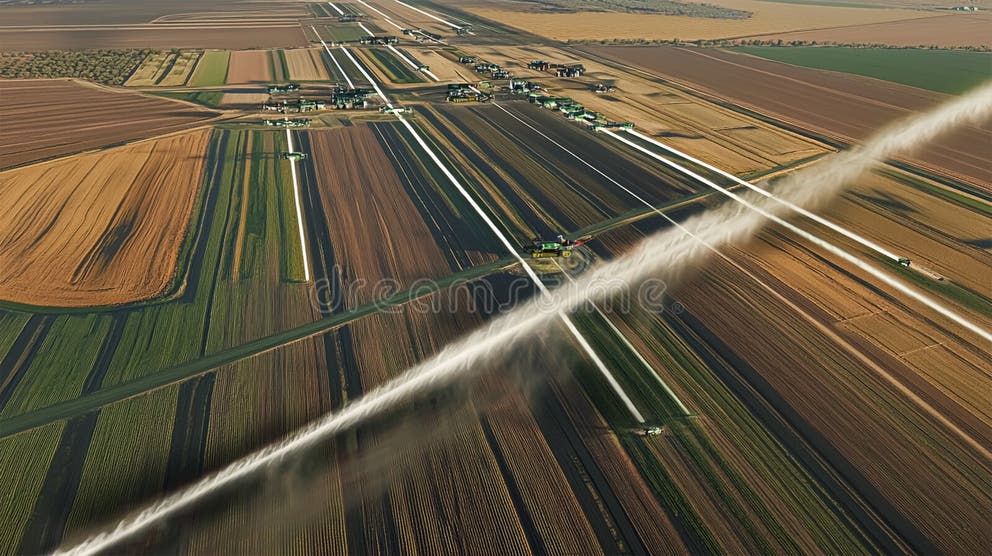 Irrigation of Fields with Tractor Equipment. View from Above Stock ...