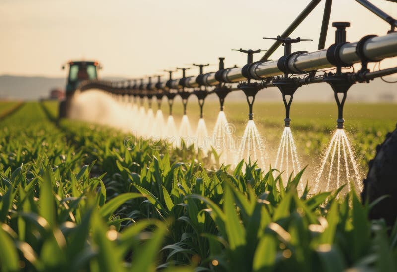 Irrigation Pivot System Watering Lush Corn Rows in a Vibrant Field ...