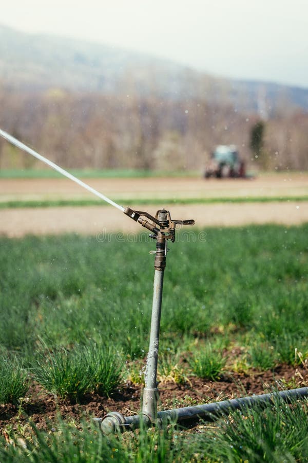 Irrigation Plant System on a Field, Agriculture. Tractor in the Blurry ...