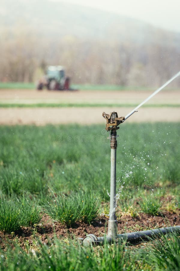 Irrigation Plant System on a Field, Agriculture. Tractor in the Blurry ...