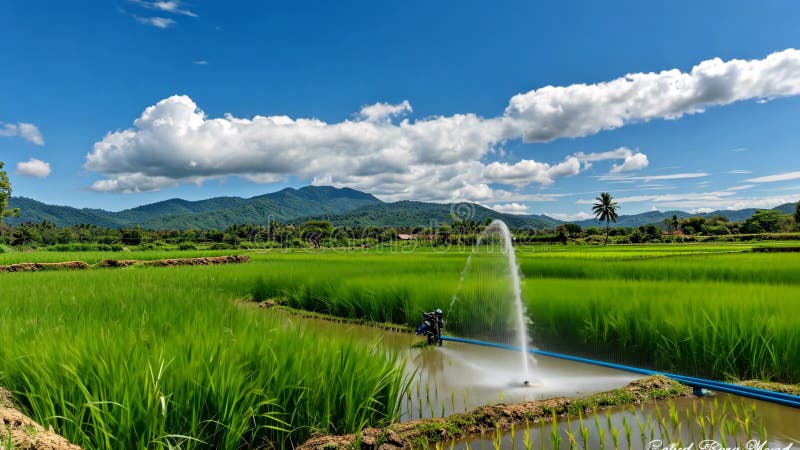 Irrigation System Operates in Lush Green Rice Fields Surrounded by ...