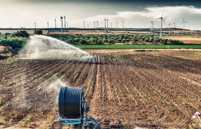 Irrigation System in Summer on Open Countryside Stock Image - Image of ...