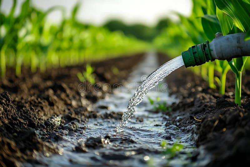 Irrigation System in Use: Water Flowing from Pipe To Cornfield Soil for ...