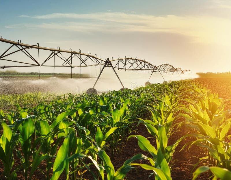 Irrigation System Watering a Corn Field. Generated with AI Stock ...