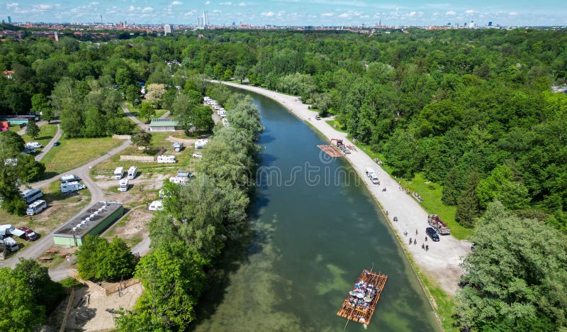 The Isar River Flows into the City of Munich Aerial View Stock Image ...