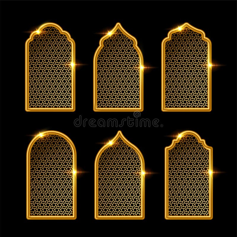 Islam Windows Set with Pattern Vector Illustration Isolated on Black ...