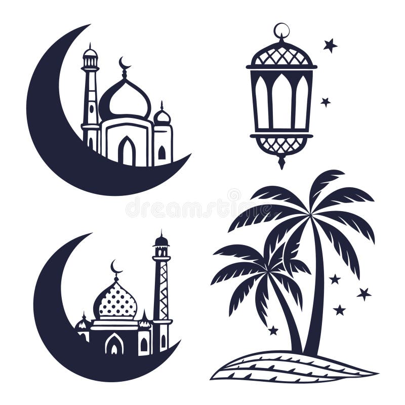 Islamic Vector Symbols with Mosques, Lantern, and Palms, Navy and White ...