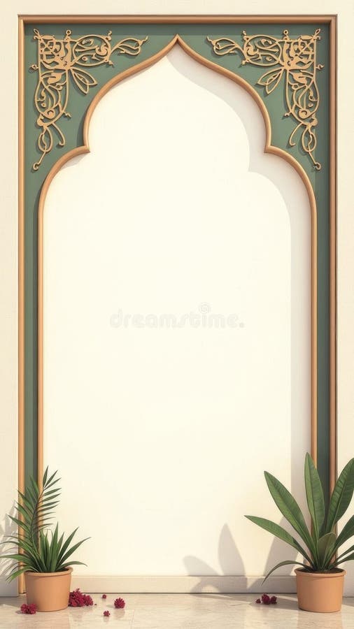 Islamic Arch Framing Empty Space with Decorative Plants and Flowers ...