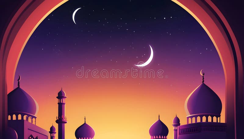 Islamic Architecture at Night with Moon and Crescent Stock Vector ...
