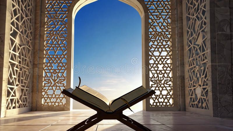 Islamic Archway Frames Sky, Quran on Stand Bathed in Warm Light Stock ...