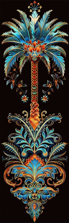 Islamic Art Concept with Palm Tree Amidst Blue, Gold, and Orange ...