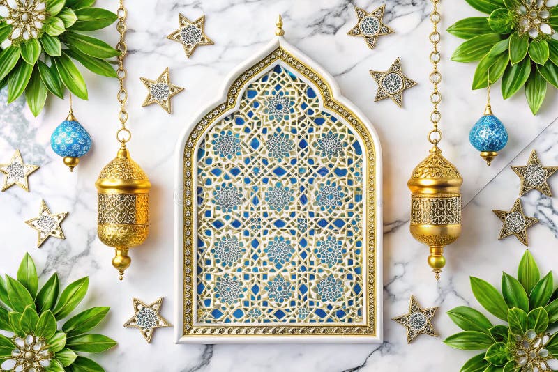 Islamic Art Window Decor on Marble with Lanterns and Stars Stock ...