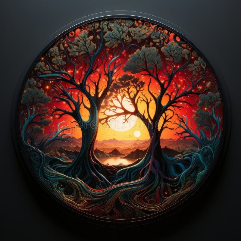 Islamic Artwork Fusing Calligraphy. Tree on the Orange or Red Sunset ...