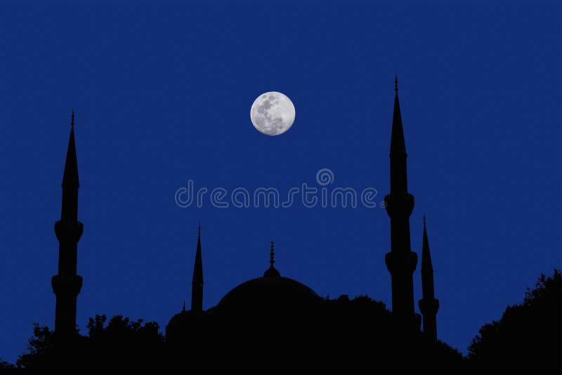 Silhouette Islamic Mosque at Night with Moon on Blue Sky Stock Photo ...