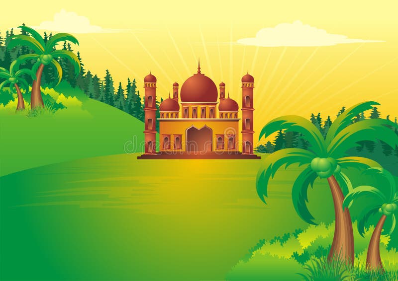 Islamic Cartoon With Mosque On Sunset Stock Illustration - Illustration ...