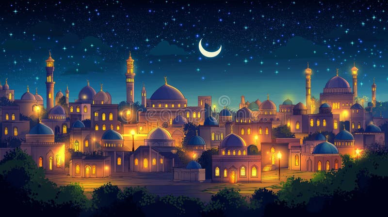 An Islamic City Night View. Ramadan Concept Stock Photo - Image of ...