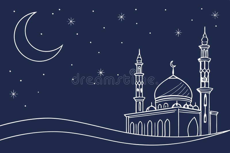 Islamic Elements Background with Mosque Skyline, Moon, Stars, and ...