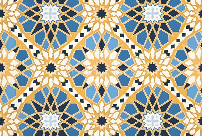 Islamic Geometric Pattern in Blue, White, and Yellow Stock Illustration ...