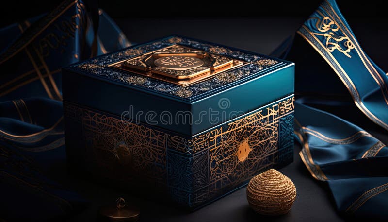 Luxury Islamic Box on a Table in Blue and Gold Color with Soft Lighting ...